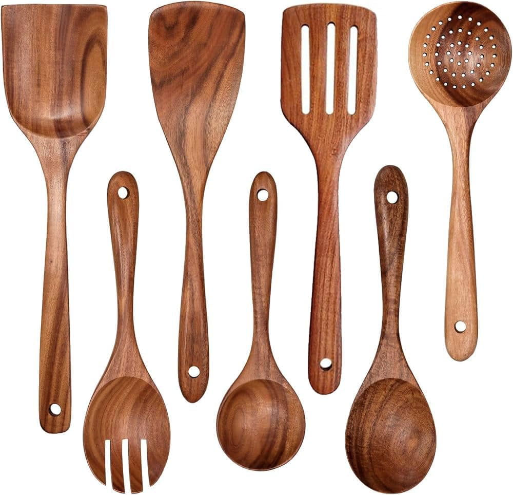 Hidove Teakwood Wooden Cooking Utensil (7-Piece Set) | Wooden Spoons ...