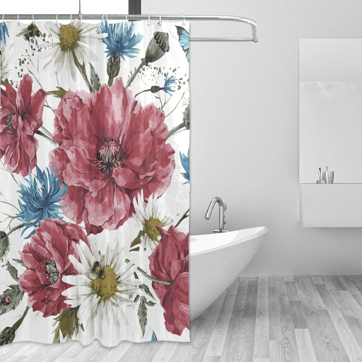 Hidove Watercolor Flowers Bathroom Waterproof Shower Curtain Set