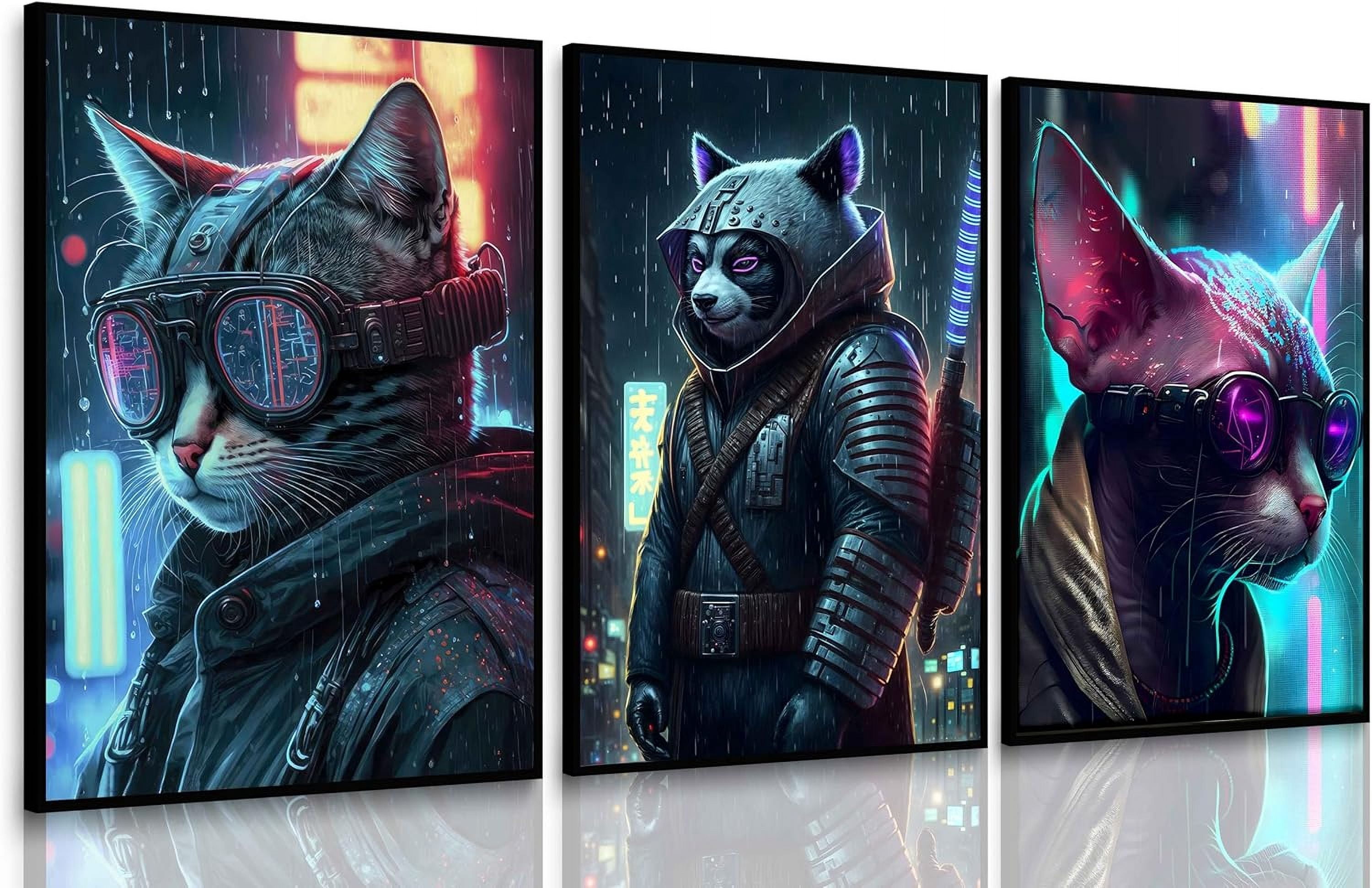 Hieng 3 Pcs Cool Gaming Wall Art Cyberpunk Animals Wall Decor Colorful ...