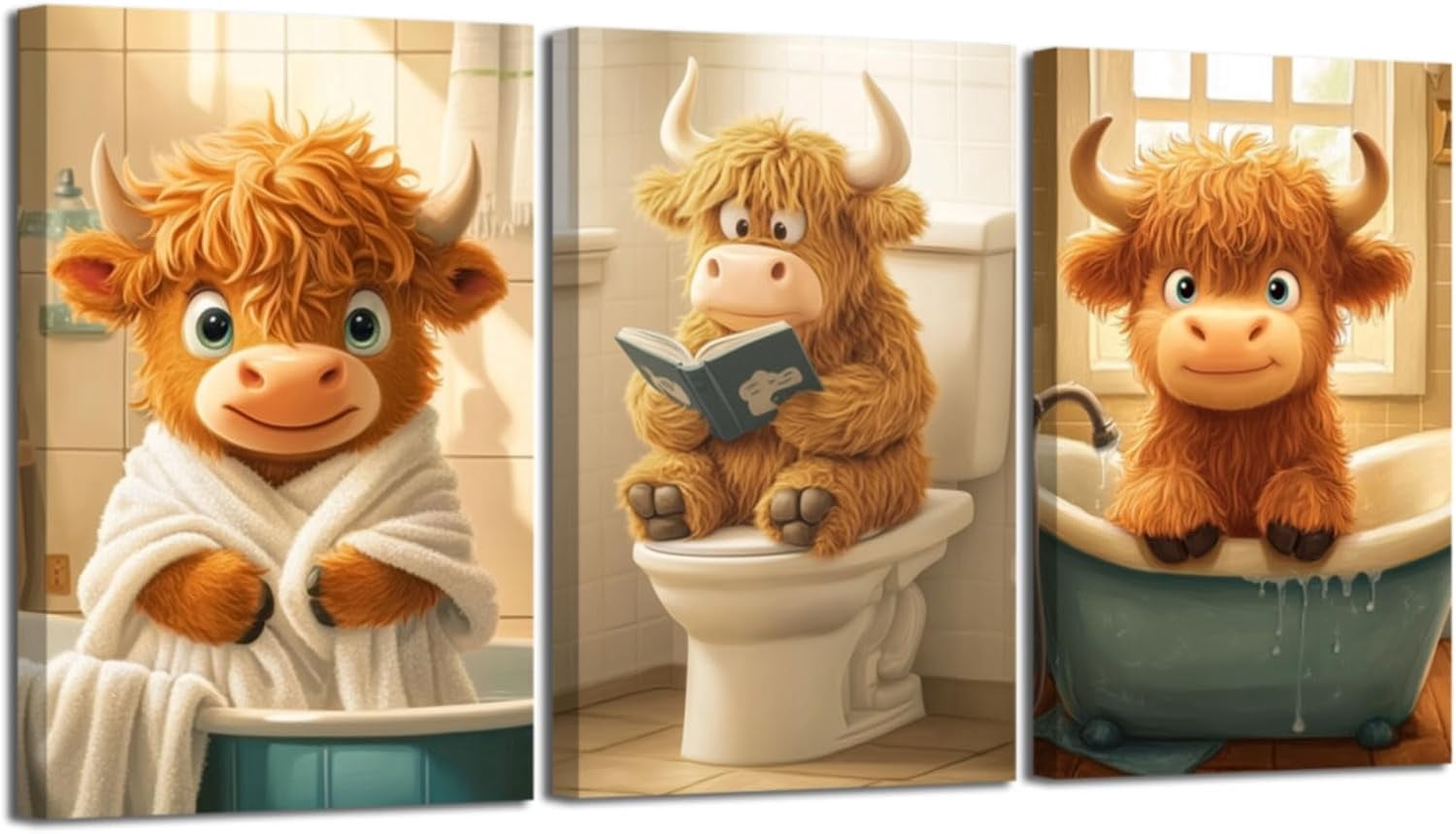 Hieng 3 Pieces Highland Cow Bathroom Wall Art Cute Cattle Baby in ...