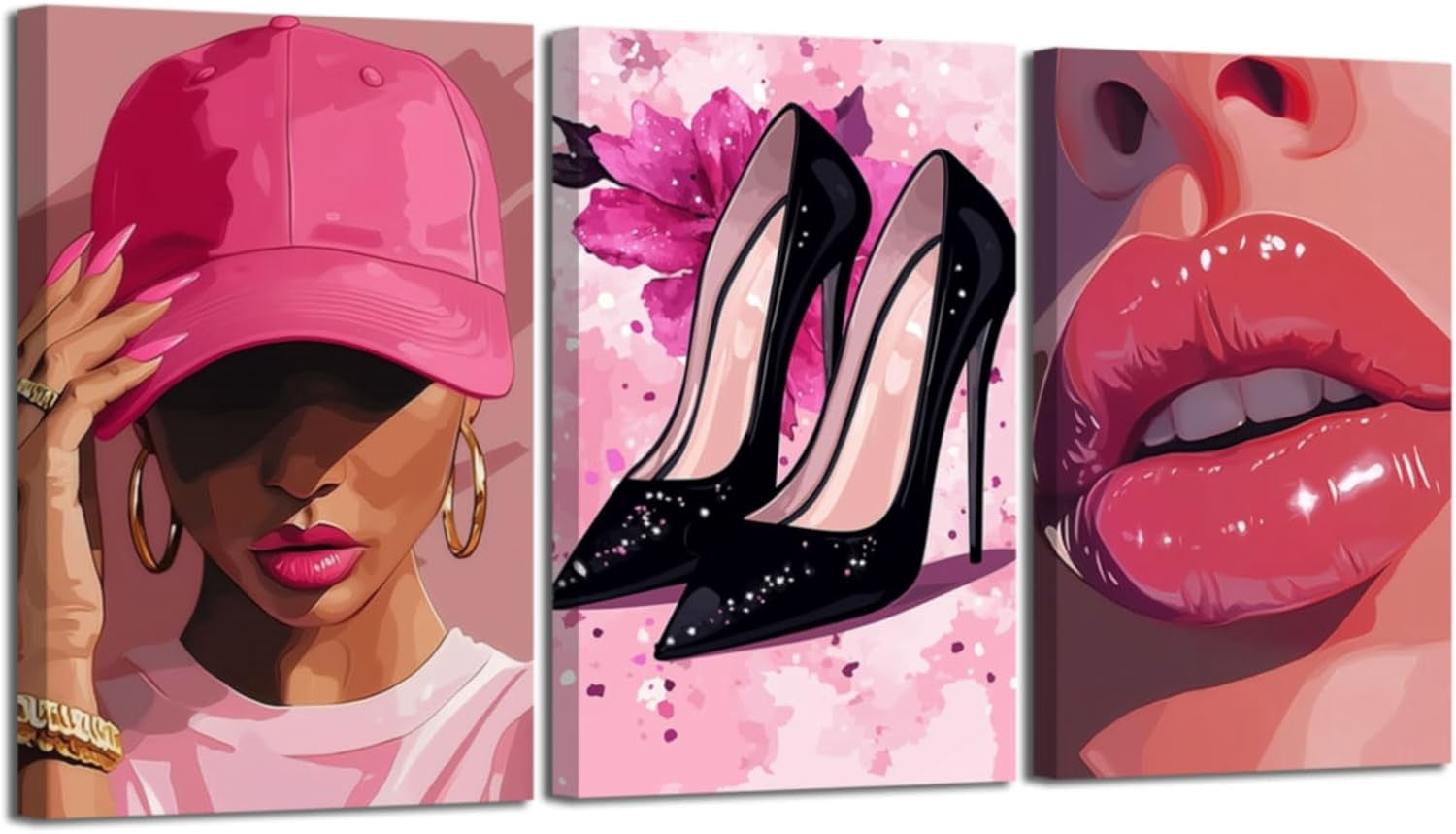Hieng 3 Pieces Pink Black Women Wall Art African American Pictures ...