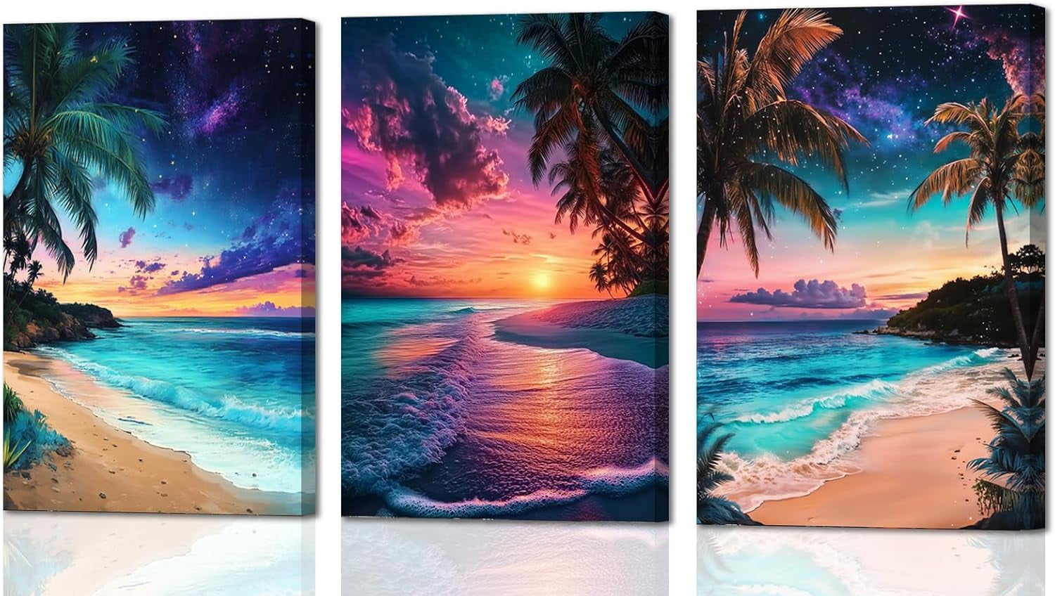 Hieng 3 Pieces Purple Sunset Beach Wall Art Aurora Landscape Canvas ...
