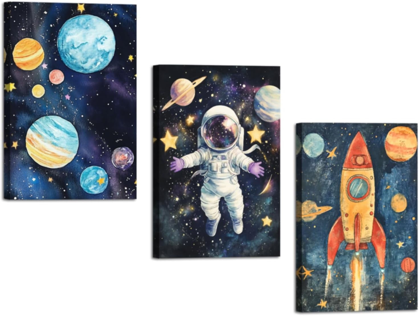 Hieng 3 Pieces Space Wall Art Astronaut Pictures Rocket Canvas Prints ...