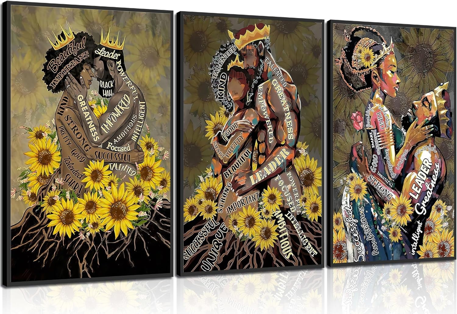 Hieng 3Pcs Black Woman Wall Art Boho Black Girl Sunflower Posters Pictures African American ...