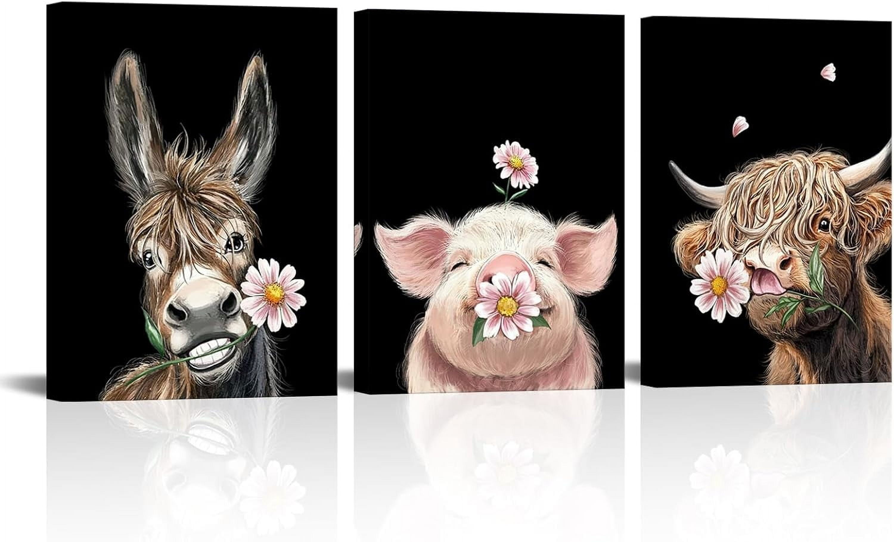 Hieng 3Pcs Cute Donkey Pig Highland Cow Canvas Wall Art, Country Animal ...