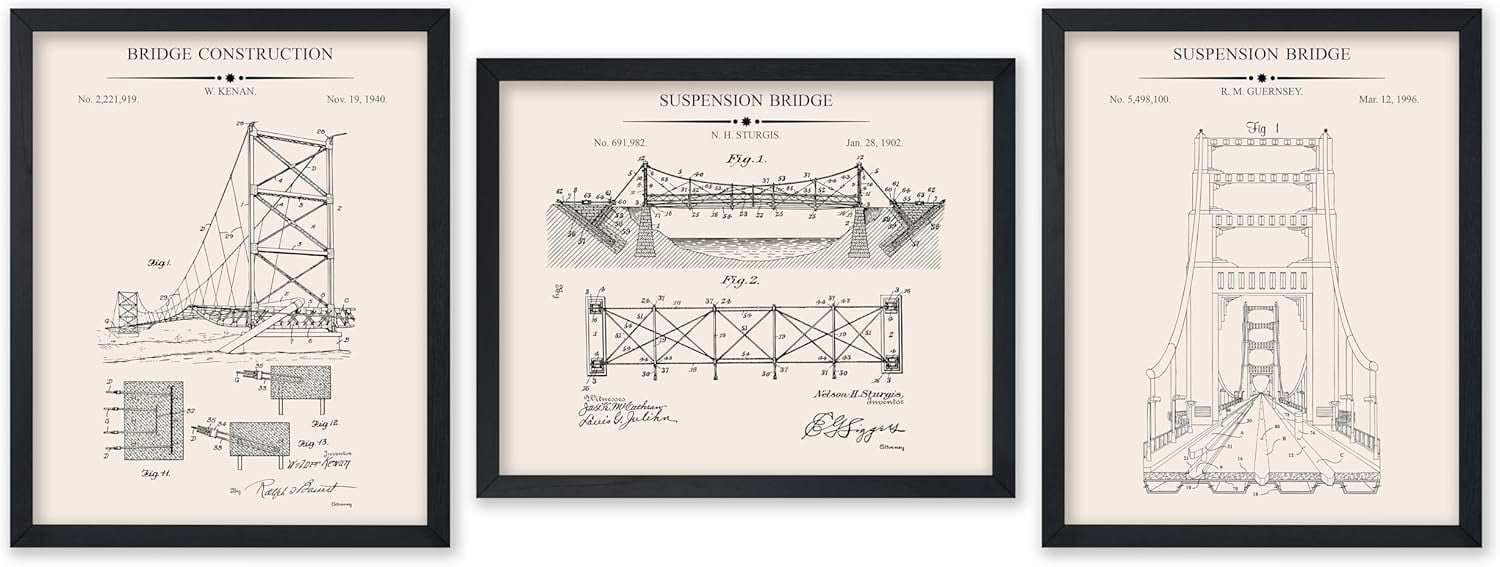 Hieng 3Piece Bridge Blueprint Poster Bridge Construction Patent Print ...