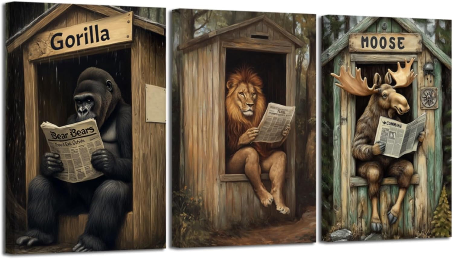 Hieng Bathroom Wall Art 3 Pieces Bear Moose Wolf in Outhouse Toilet ...