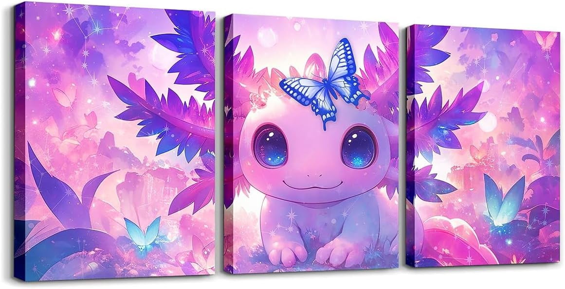 Hieng Cute Axolotl Canvas Wall Art for Bedroom Cartoon Salamander ...