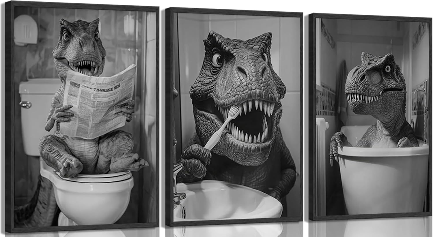 Hieng Funny Dinosaur Bathroom Wall Art Dinosaur on Toilet Canvas Print ...