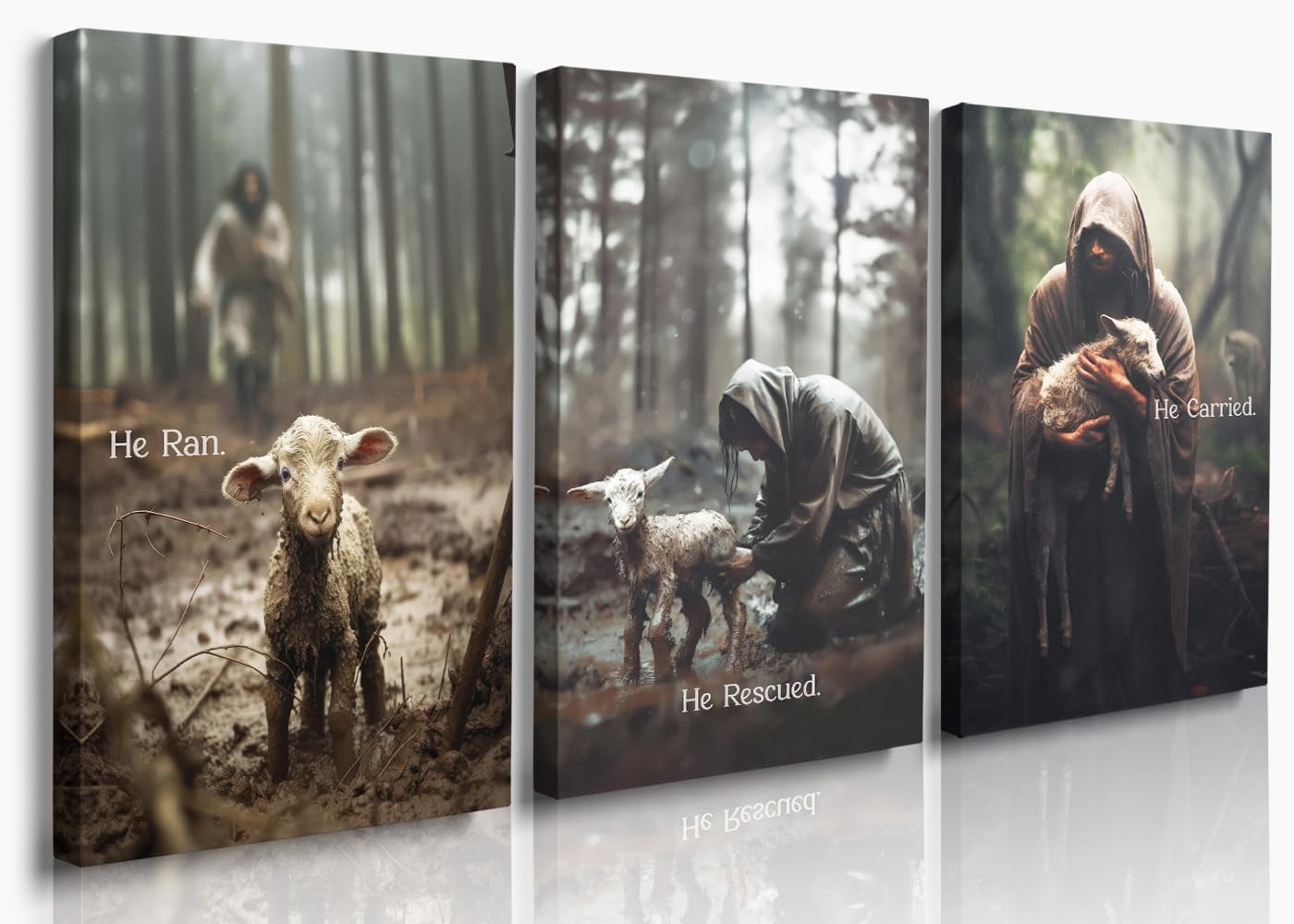 Hieng Jesus and Lamb Canvas Wall Art Jesus Running After Lost Lamb ...