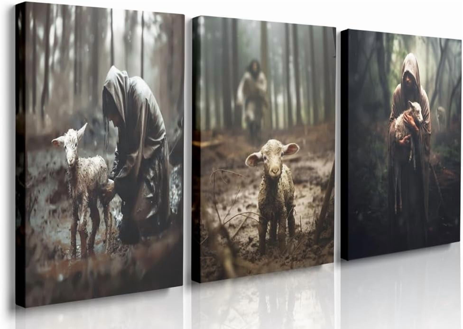 Hieng Jesus and Lamb Canvas Wall Art Jesus Running After Lost Lamb ...