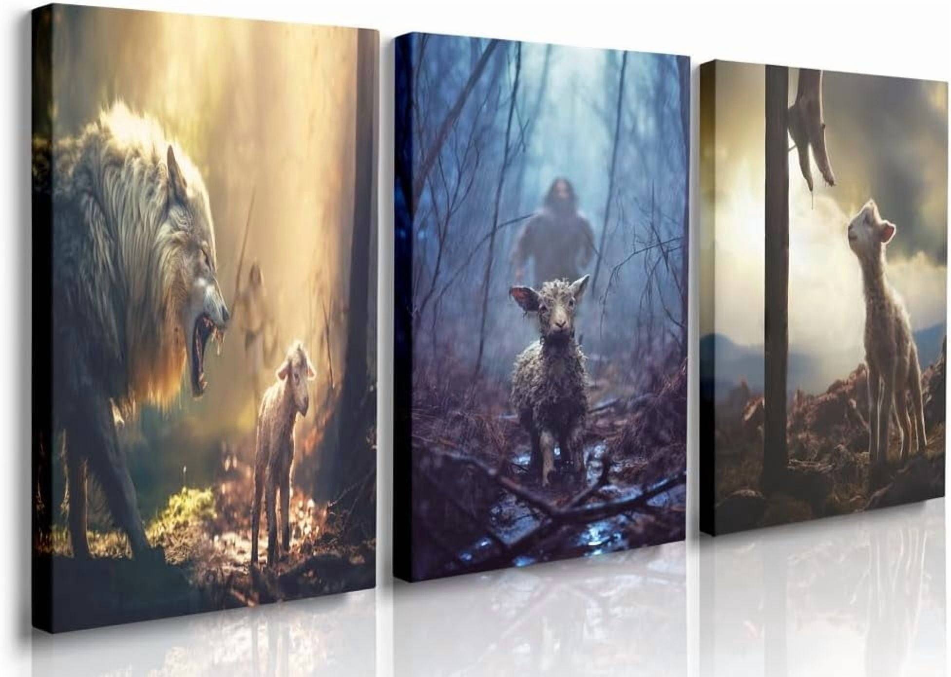 Hieng Jesus and Lamb Canvas Wall Art Jesus Running After Lost Lamb ...