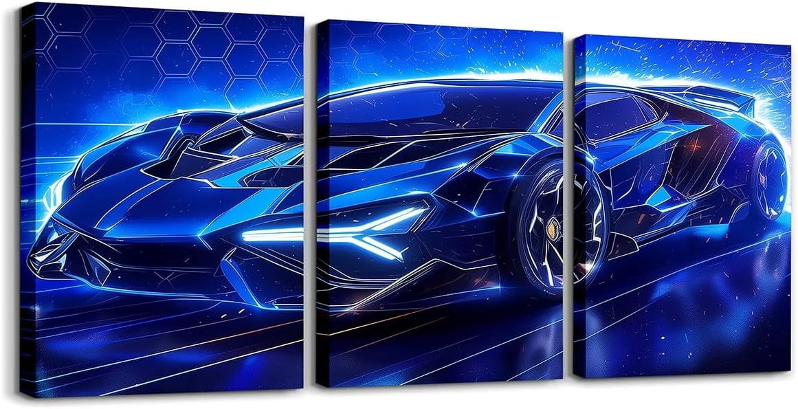 Hieng Kids Boys Race Car Canvas Wall Hieng for Living Room Blue Sports ...