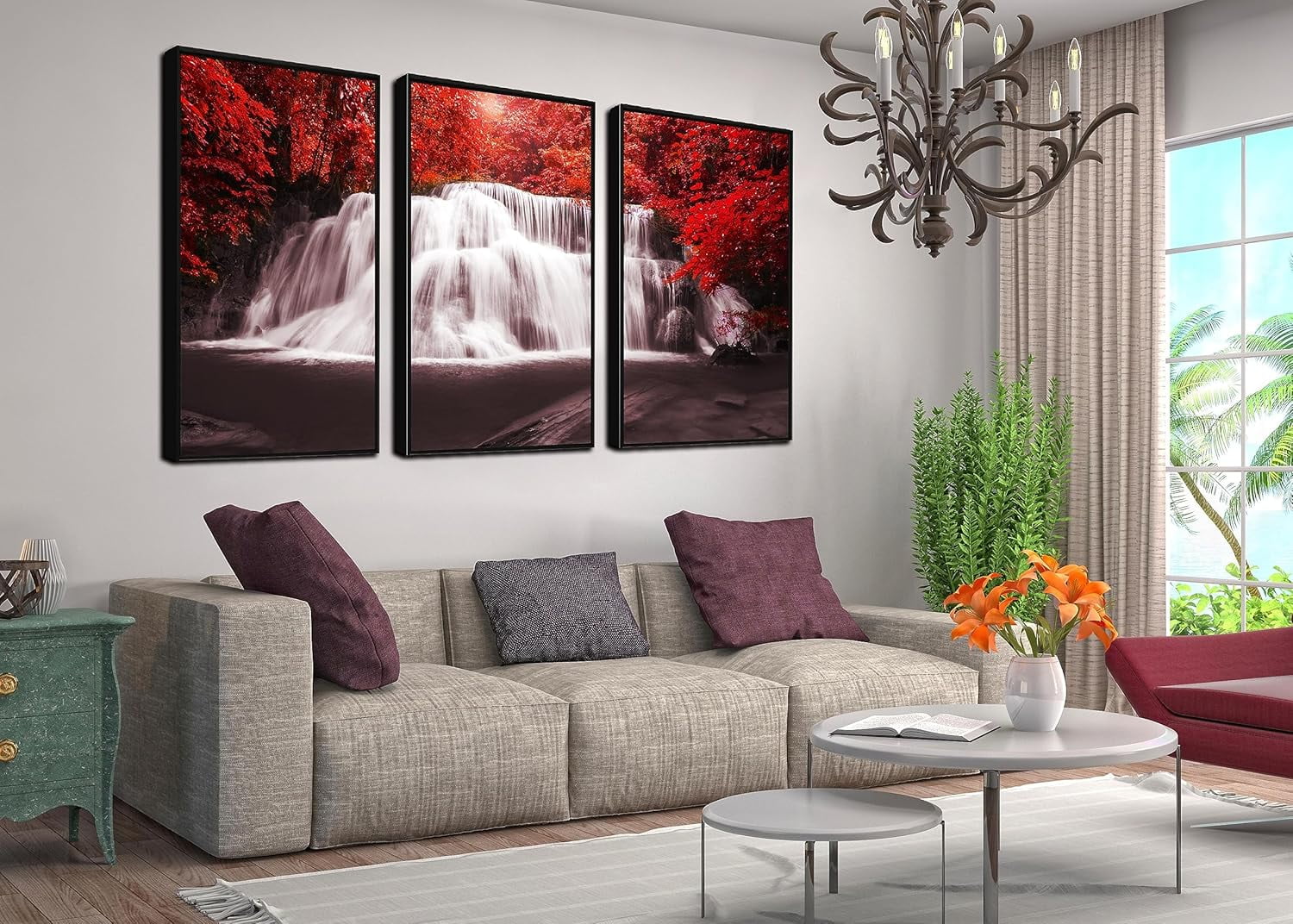 Hieng Landscape - Wall Art Painting Black White Red Waterfall Canvas ...