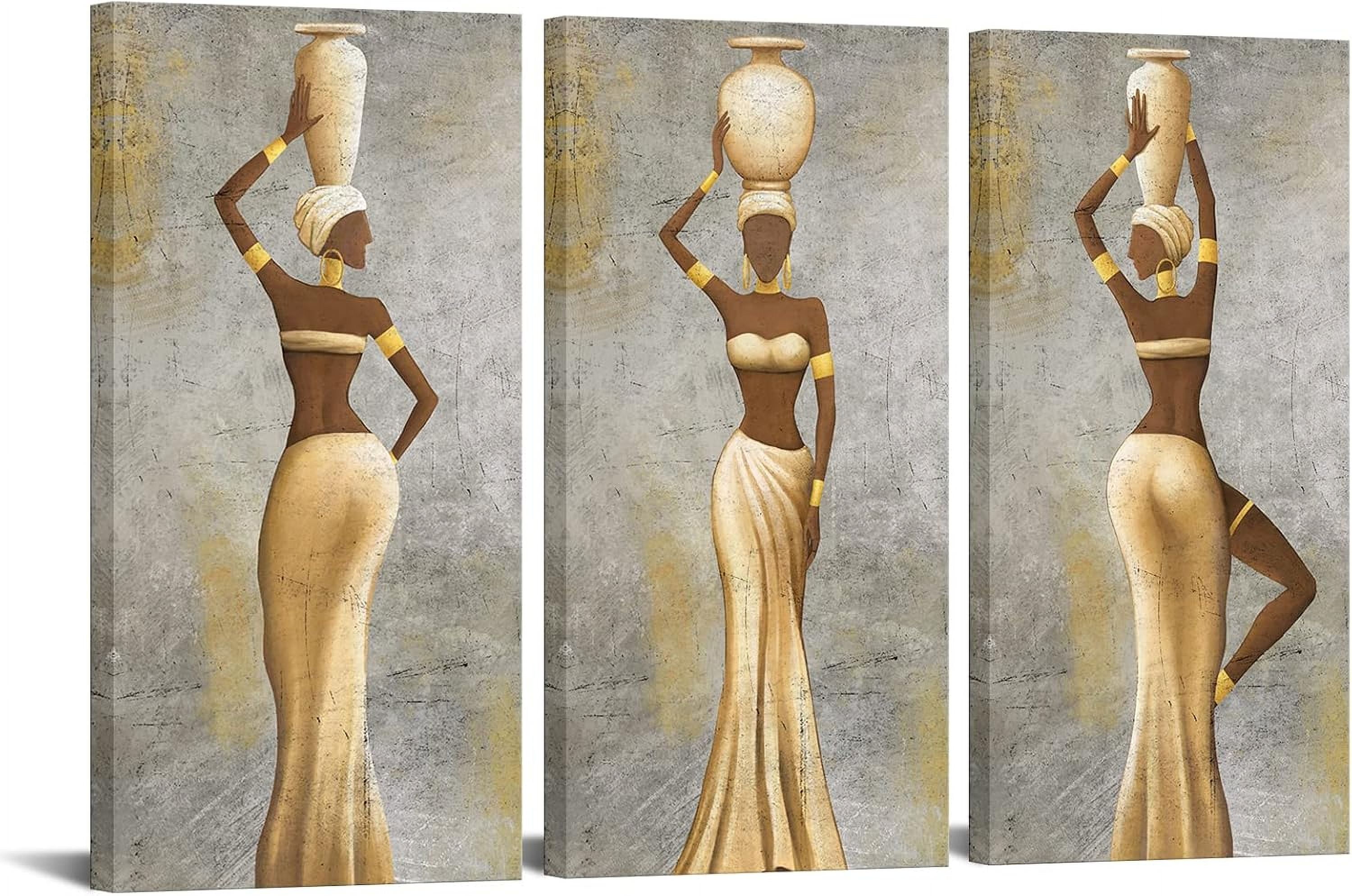 Hieng Large 3 Pieces African Women Canvas Wall Art Traditional Black Girl Ethnic Ancient Theme ...