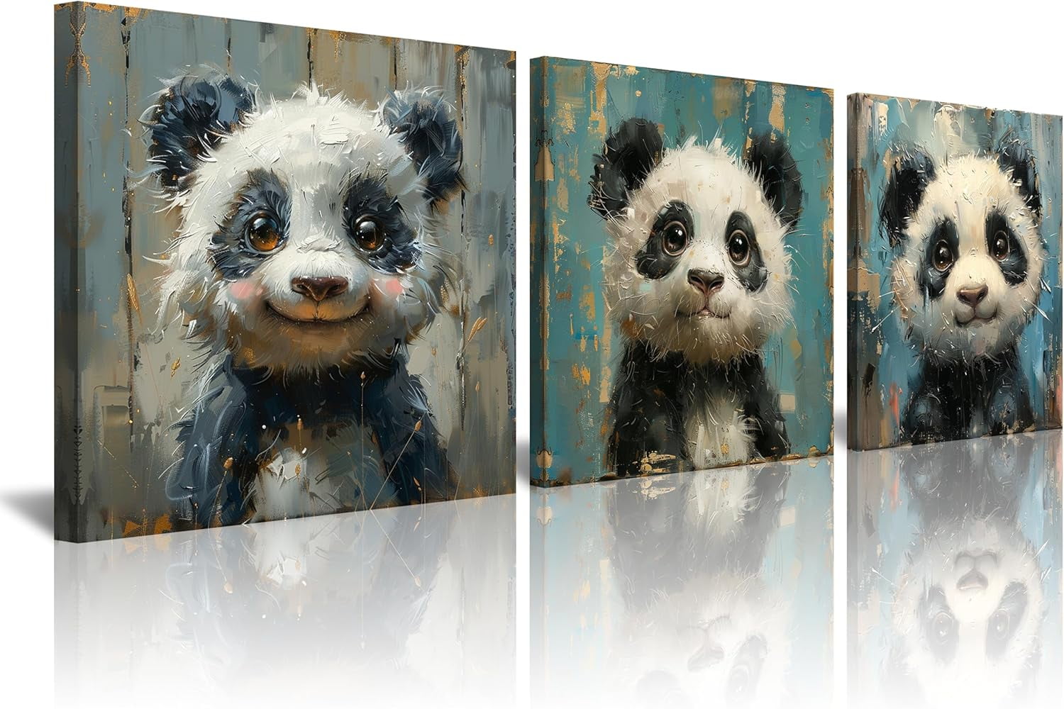 Hieng Modern 3Piece Cute Panda Canvas Wall Art Fake Wood Panel Art Baby ...