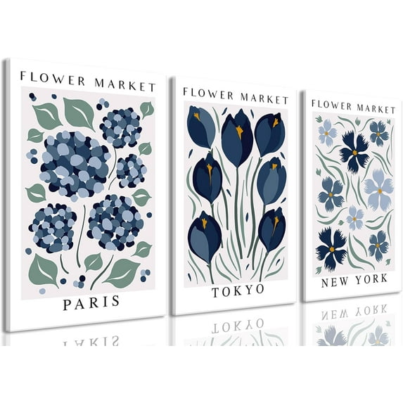 Hieng Navy Blue Wall Art Canvas Abstract Floral Painting Blue and Gray ...