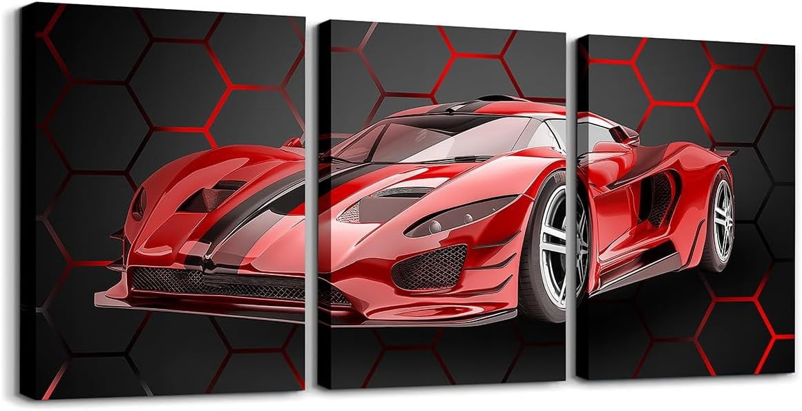 Hieng Red Race Car Picture Wall Decor 12"x16" 3 Piece Speed Sports Car ...