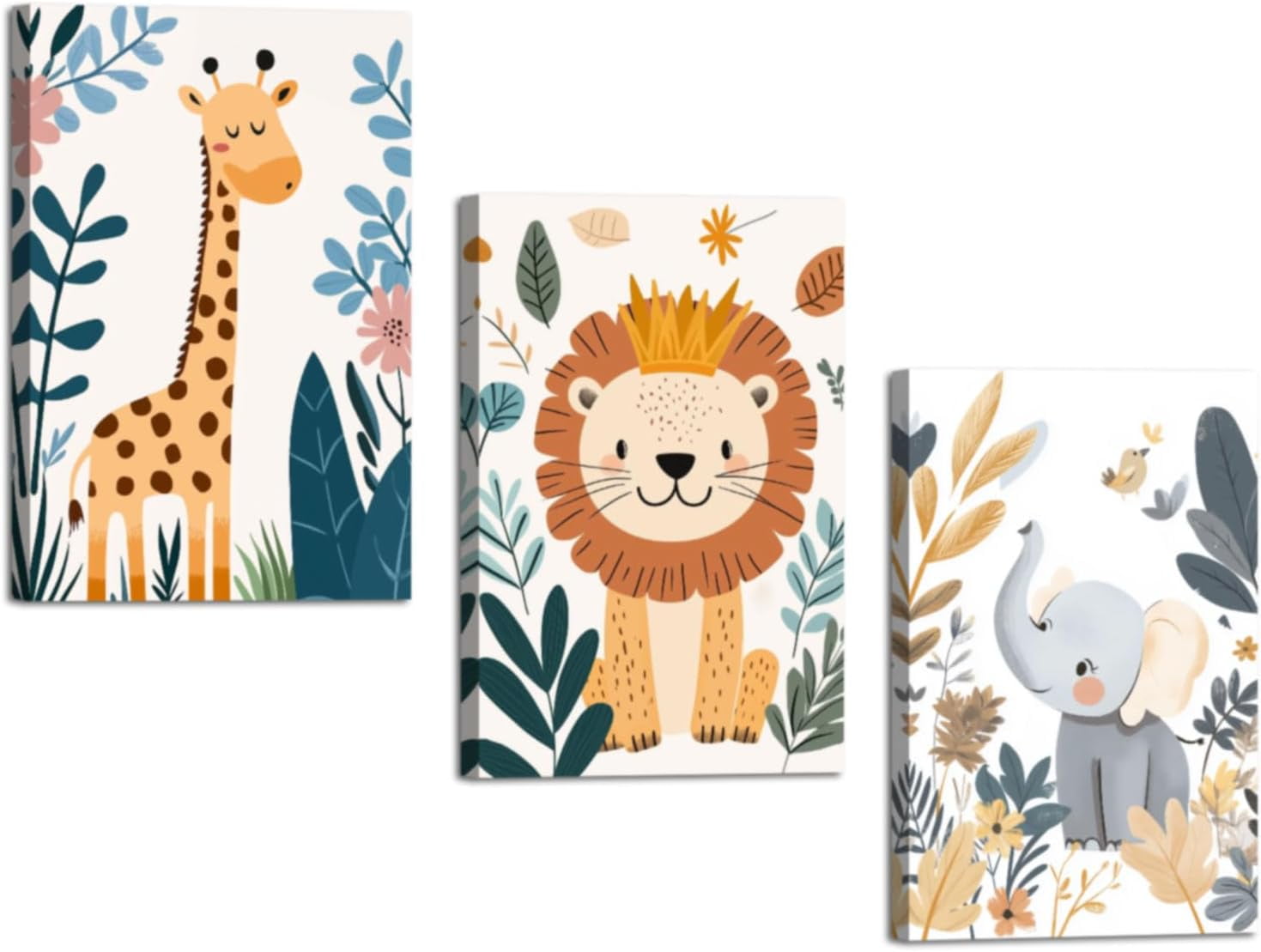 Hieng Safari Animals Nursery Wall Art 3 Pieces Giraffe Lion Elephant ...