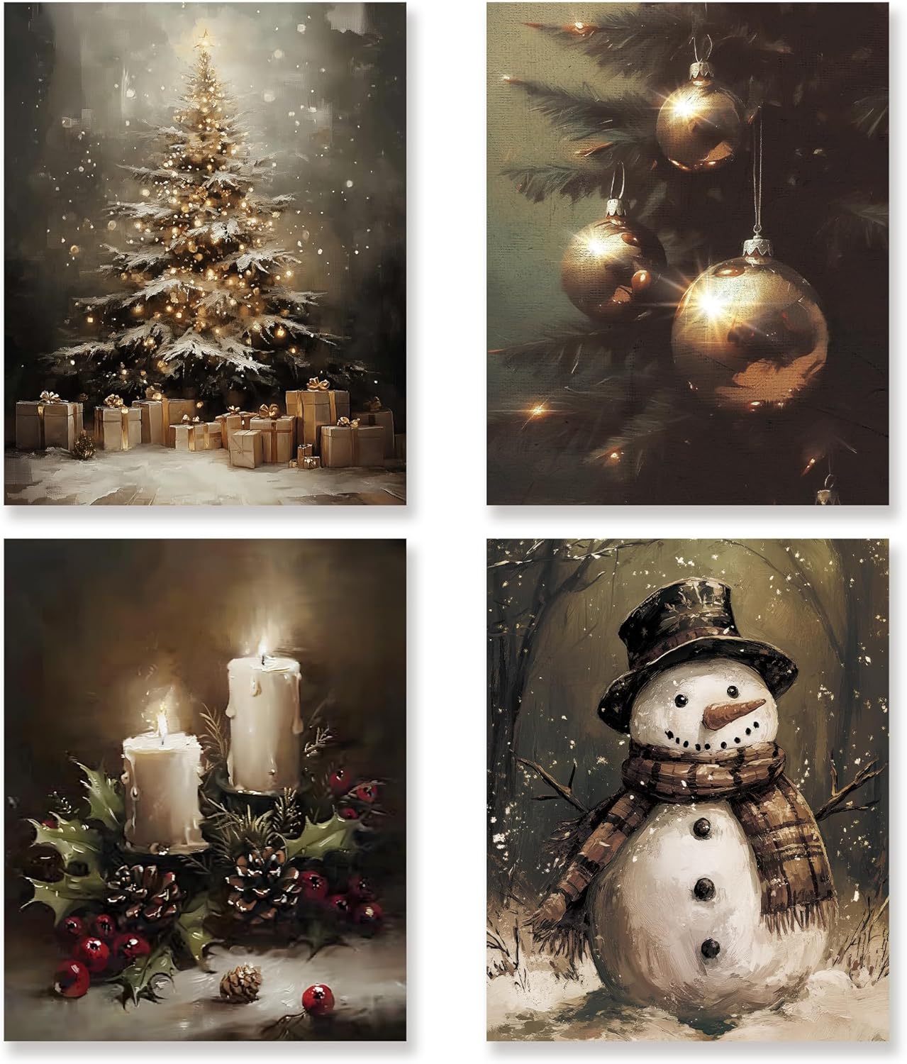 Hieng Vintage Christmas Wall Art Decor Set of 4 Retro Winter Holiday ...
