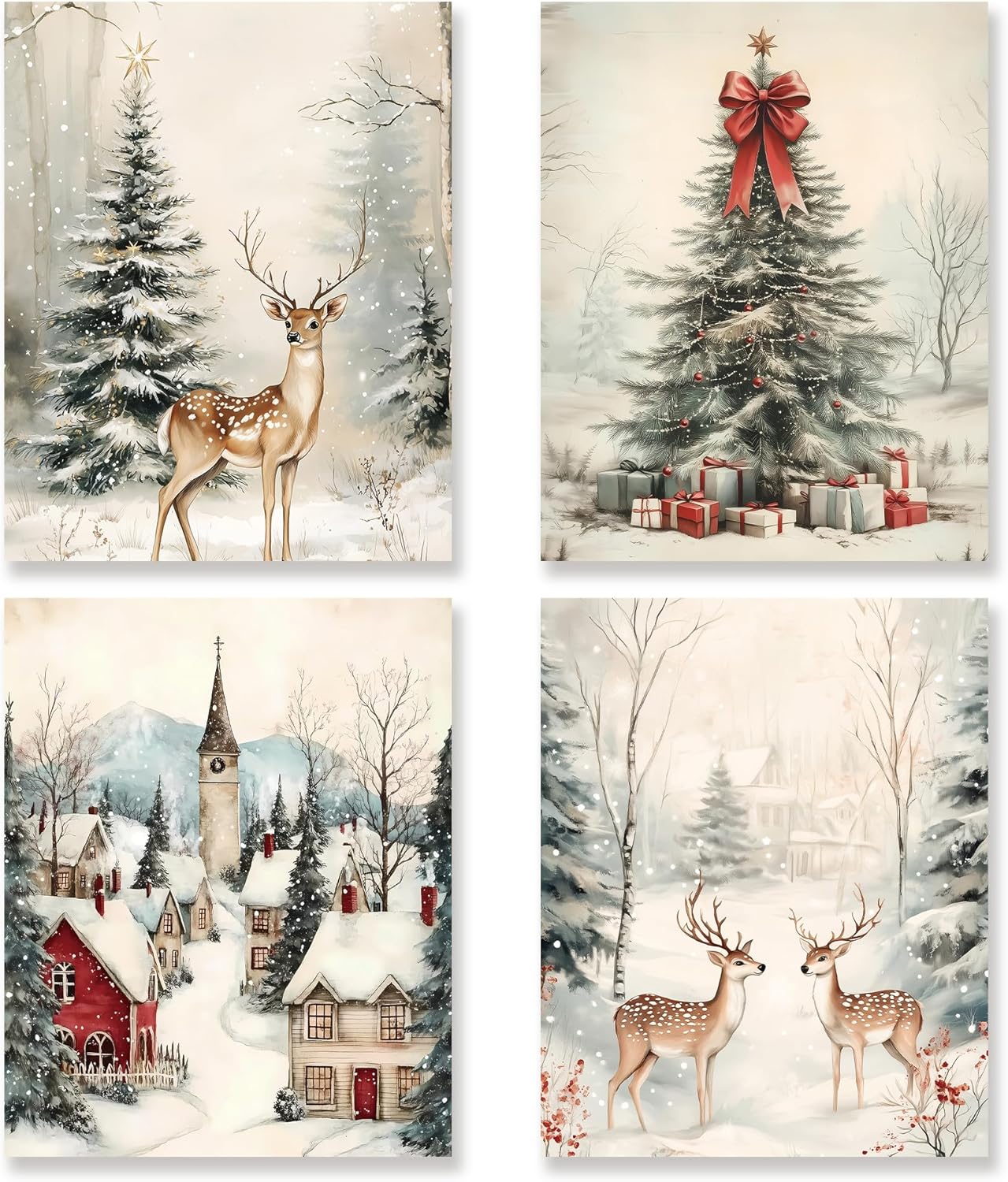 Hieng Vintage Christmas Wall Art Decor Set of 4 Retro Winter Holiday ...