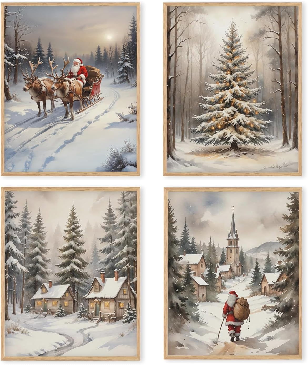 Hieng Vintage Christmas Wall Art Prints Set of 4, Rustic Xmas Tree ...
