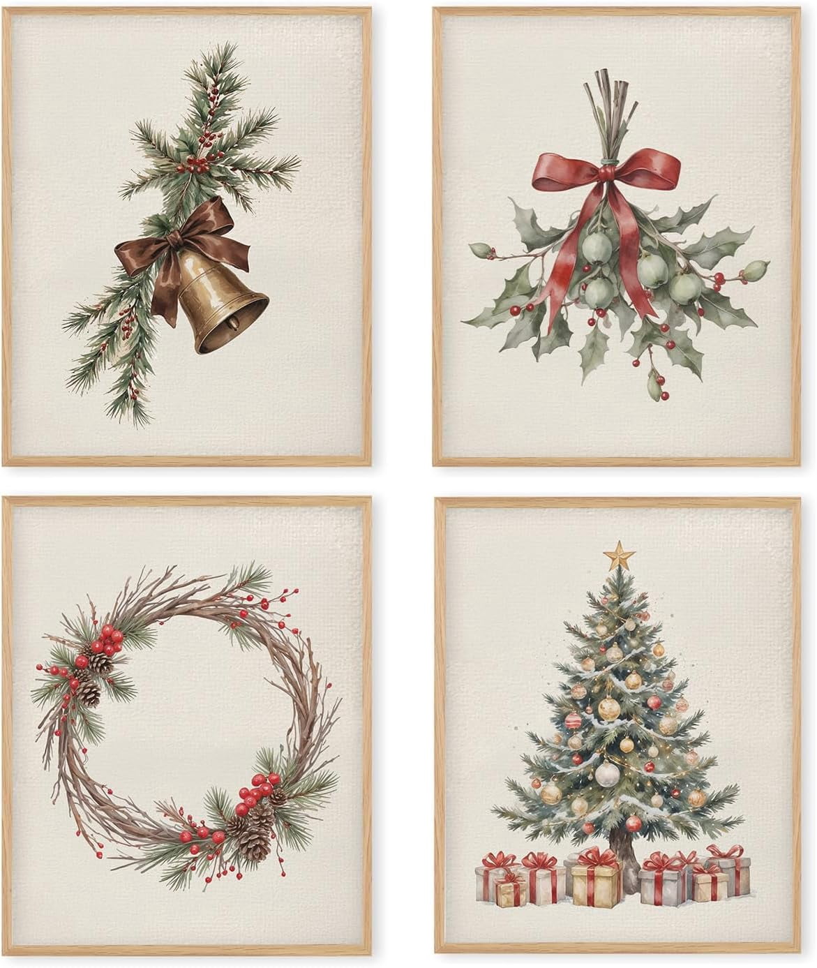 Hieng Vintage Christmas Wall Art Prints Set of 4, Rustic Xmas Tree ...