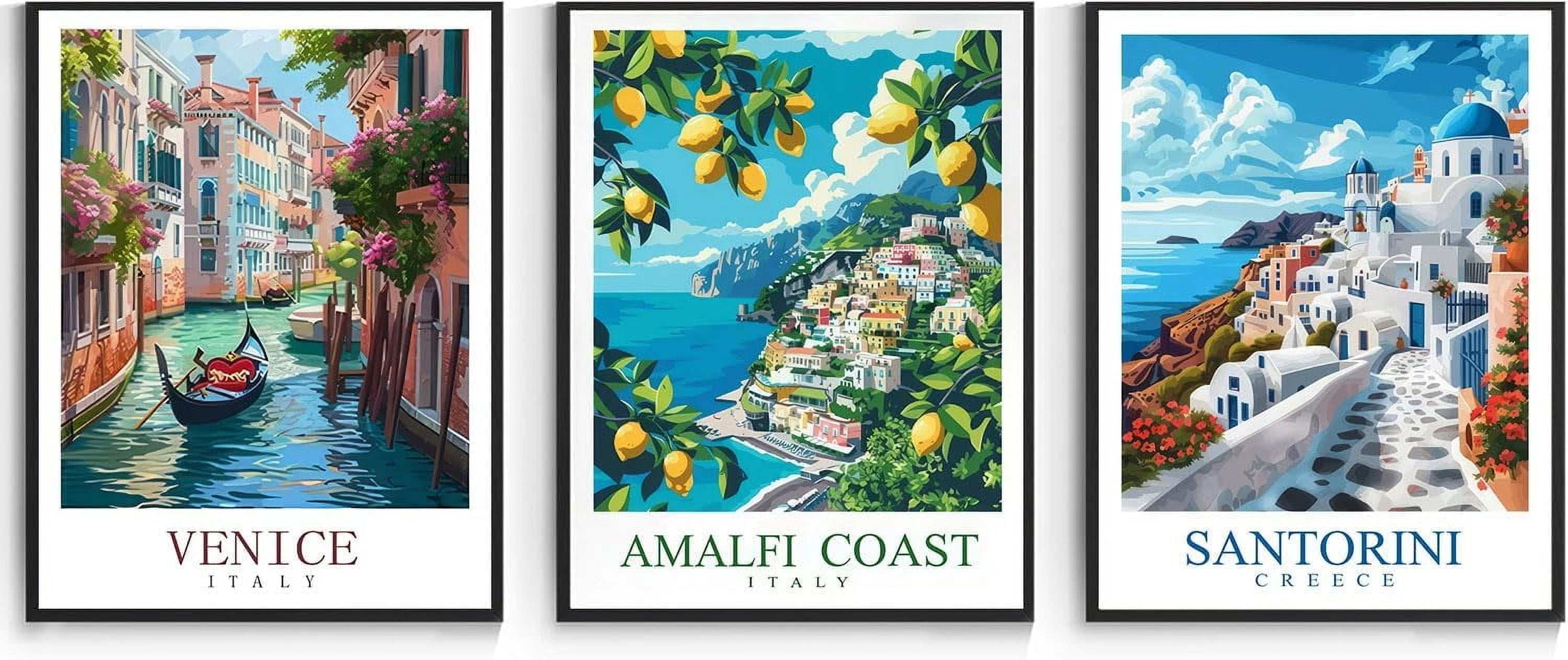 Hieng Vintage Travel Wall Art Canvas Italy Venice Amalfi Coast Pictures Set of 3 Blue Beach ...