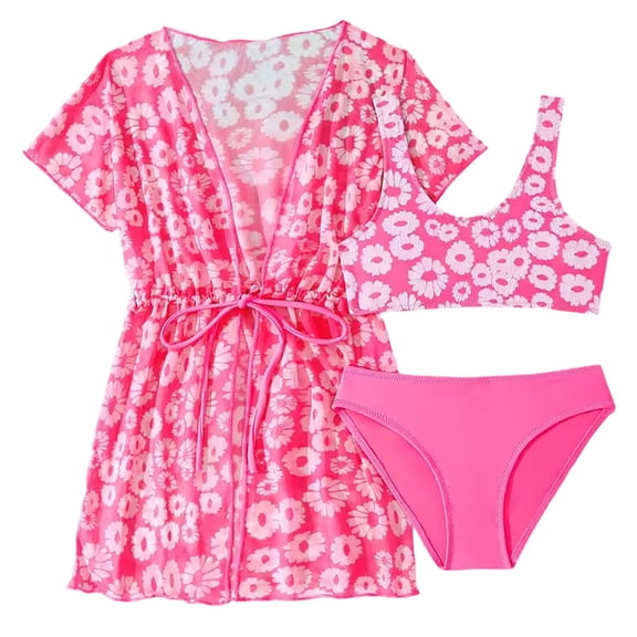 Big Girls Swim Suit Tropical Floral Bikini With Cover Up And Bottoms ...