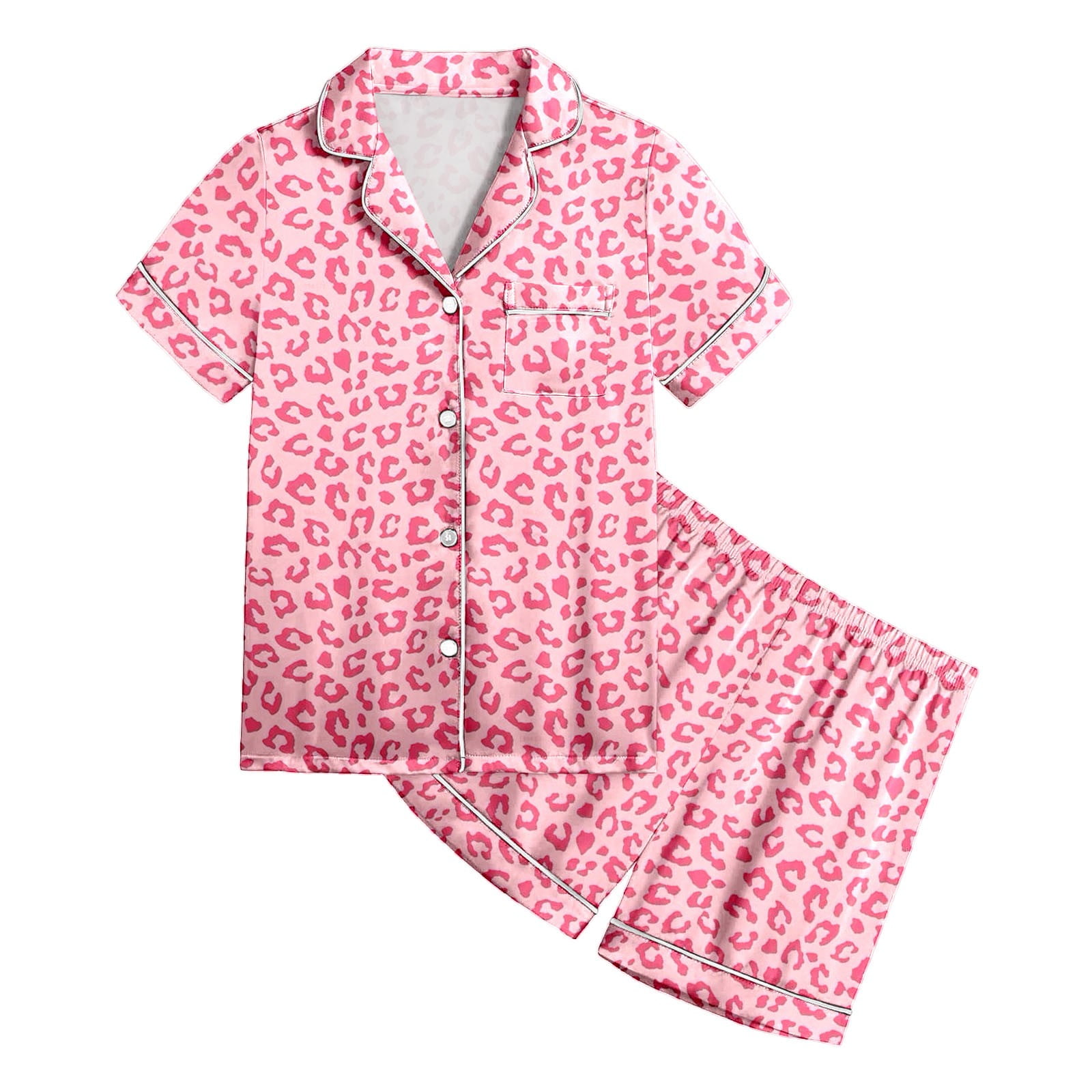 Hienoo Big Girls Leopard Pajamas Satin Short Sleeve Shirt and Shorts ...