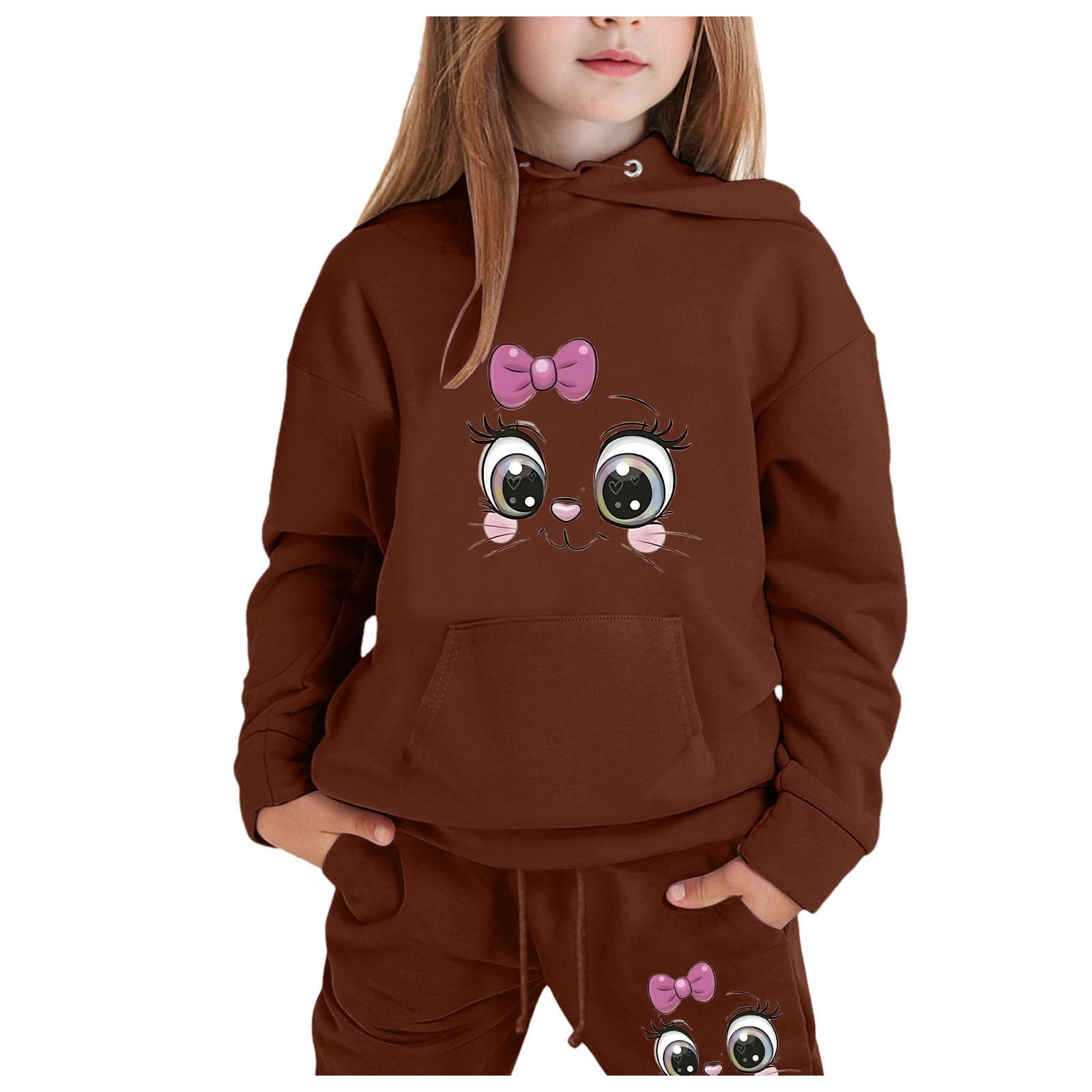 Hienoo Big Girls Sweatsuit Cartoon Cat Print Hoodie Sweatpants Outfits ...