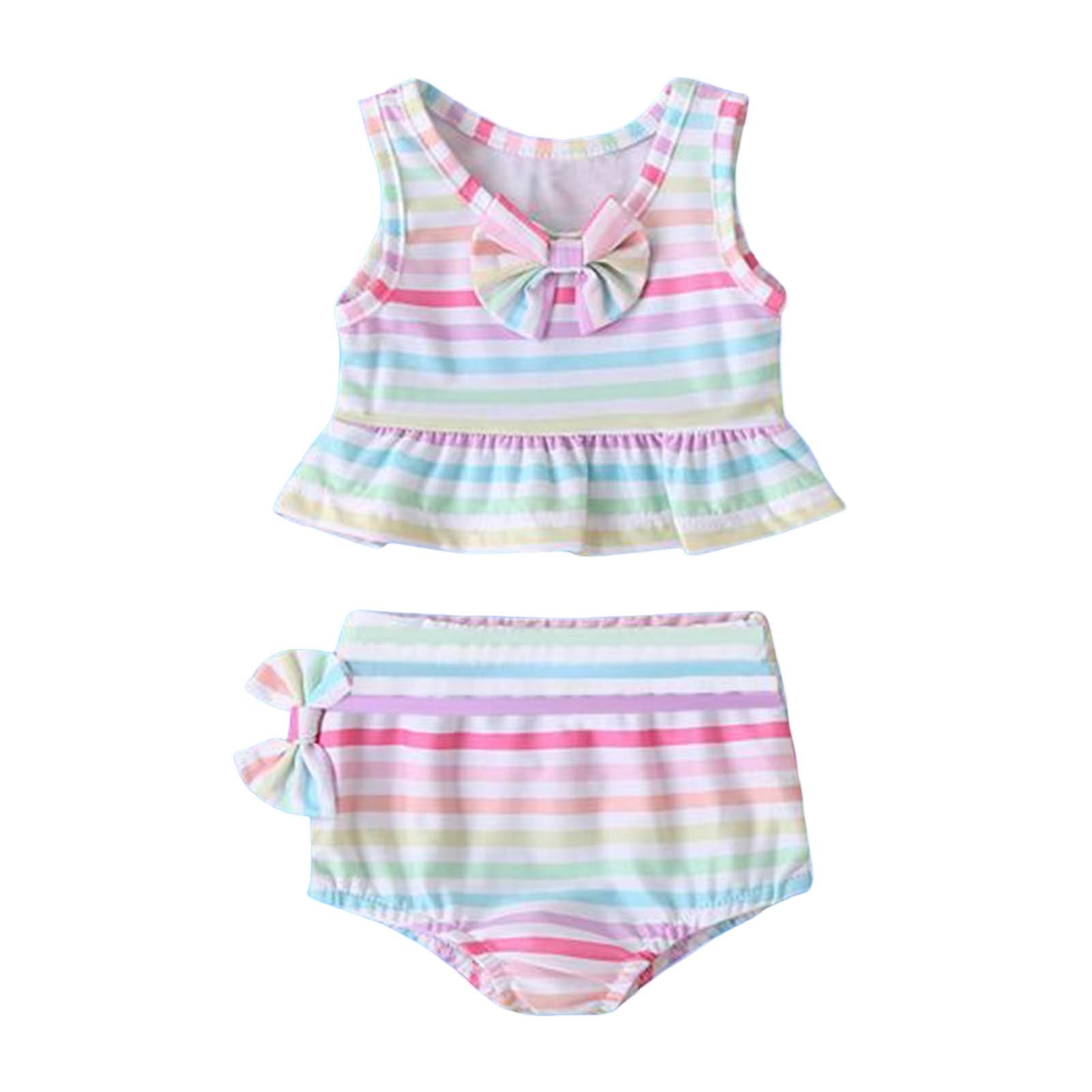 Hienoo Girls Bow Ruffle Tankini Swimsuit Stripe Swimwear Cute Bathing ...
