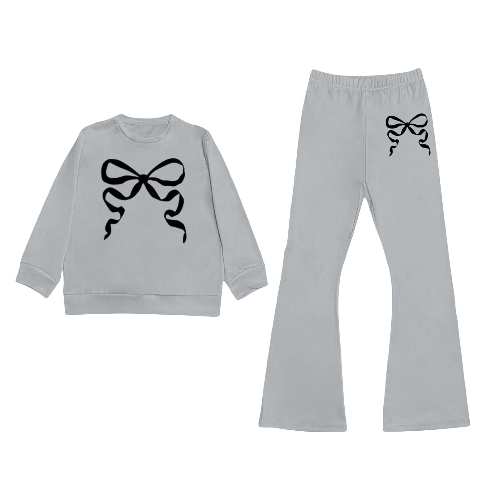 Hienoo Girls Sweatsuit Bow Print Crew Neck Sweatshirt Flared Pants ...