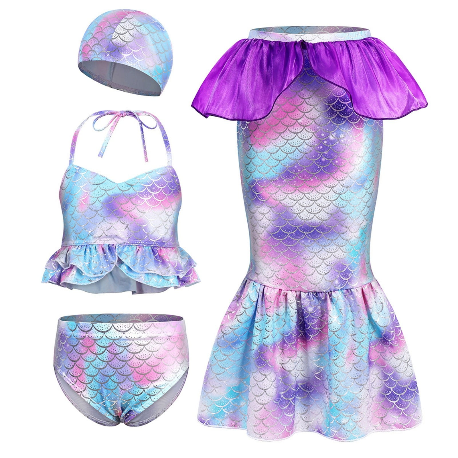 Hienoo Girls Swimsuit Bikini Set with Fish Tail Skirt Cap Role Play ...
