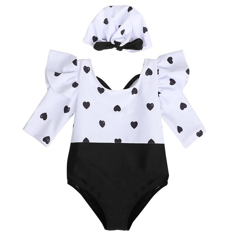 Hienoo Girls Swimwear Heart Print One-Piece Swimsuit with Sun Hat ...