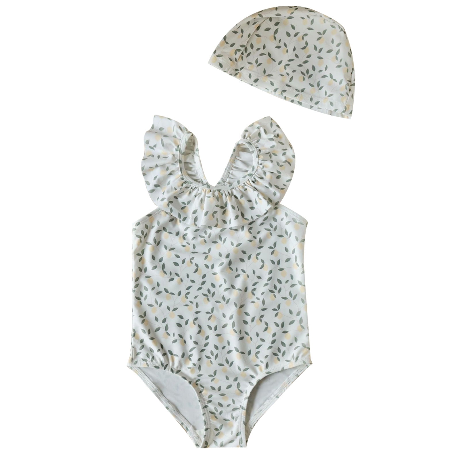 Hienoo Girls Floral Ruffle One-Piece Swimsuit with Swim Hat Bathing ...