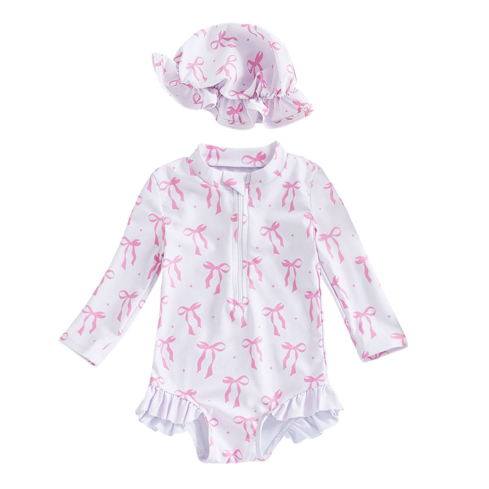 Hienoo Girls One Piece Swimsuit Bow Prints Long Sleeve Rash Guard Hat ...