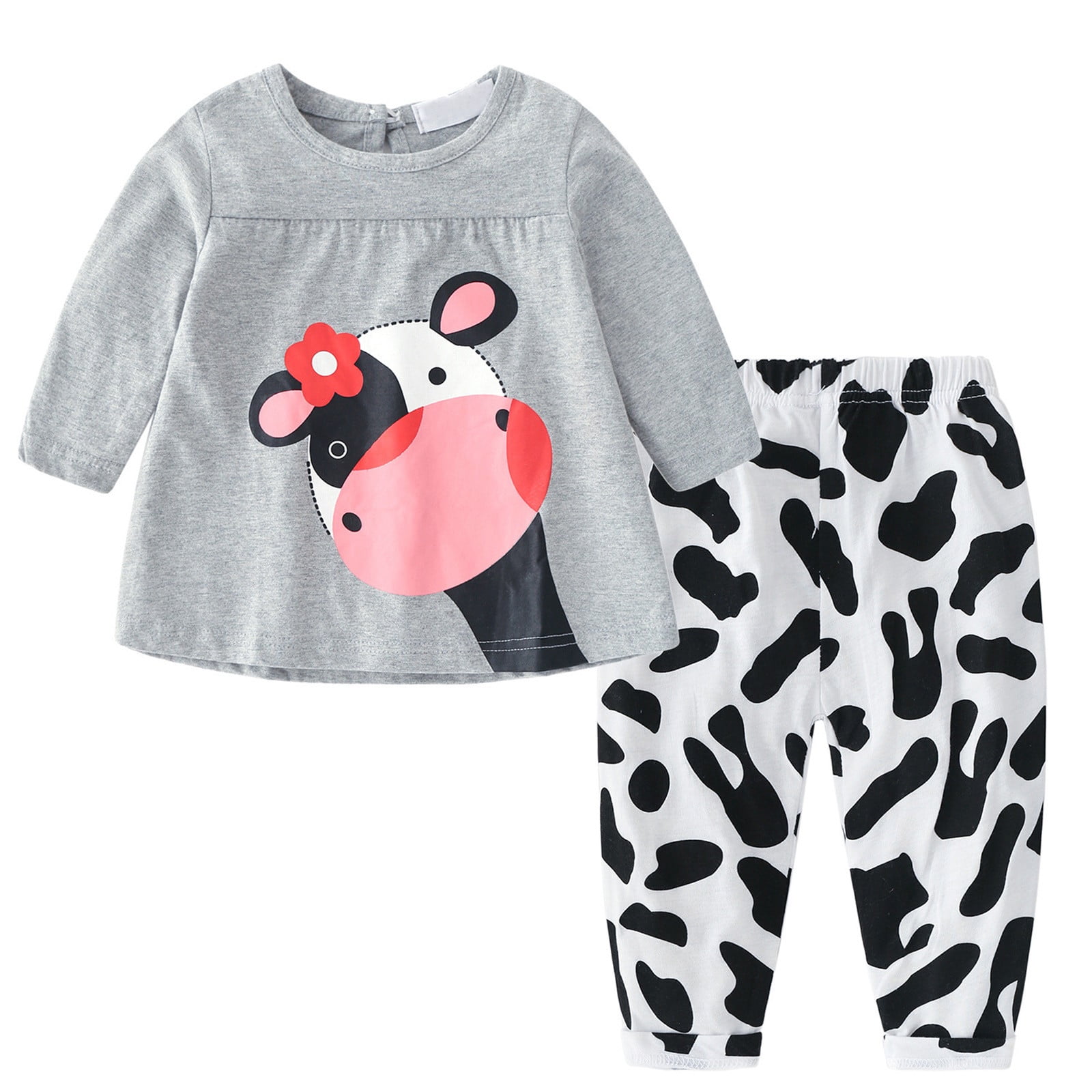 Hienoo Little Girl Cartoon Cow Print Pajama Set Long Sleeve Top and ...