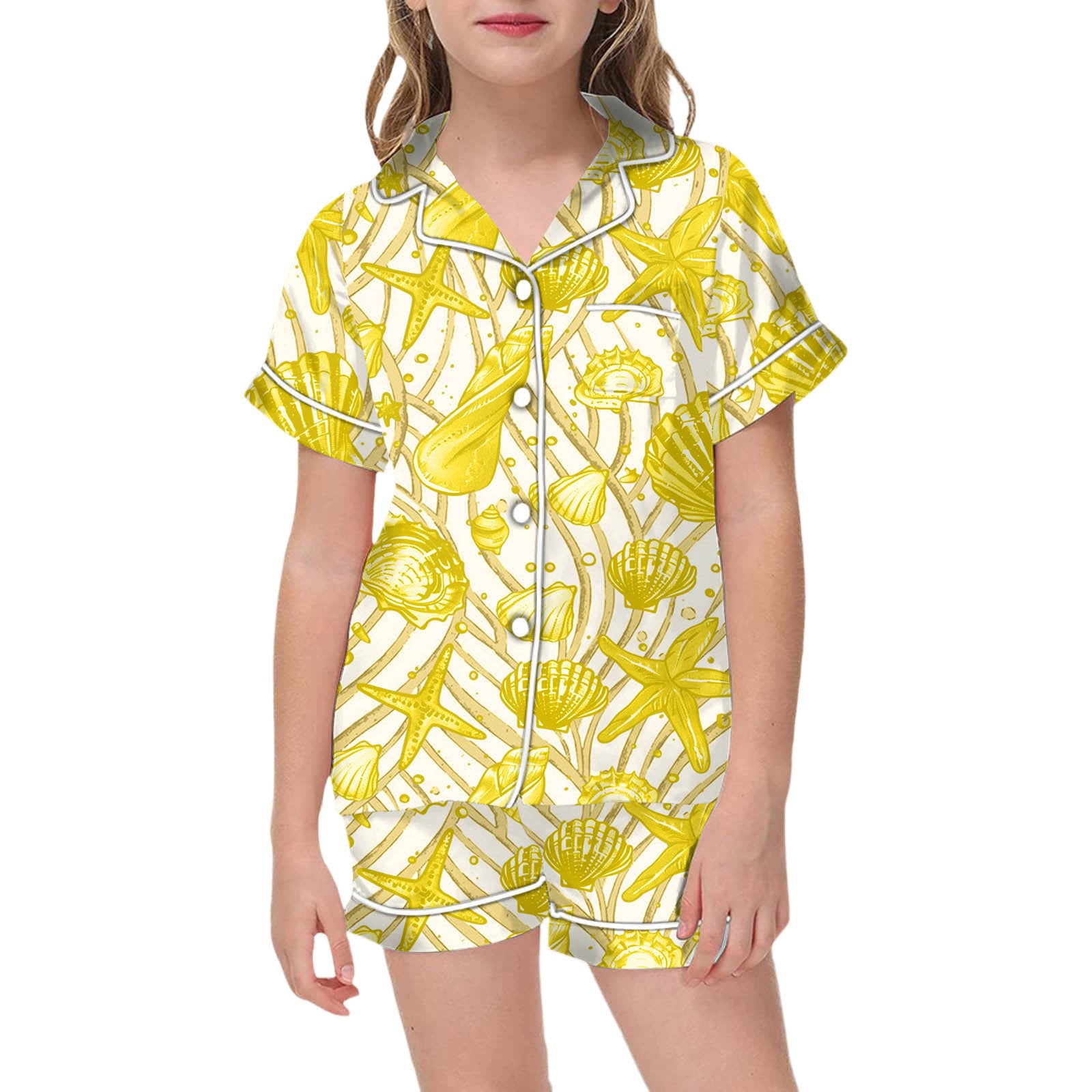 Hienoo Little Girls Pajamas Short Sleeve Button-Down Shirt & Shorts Set ...