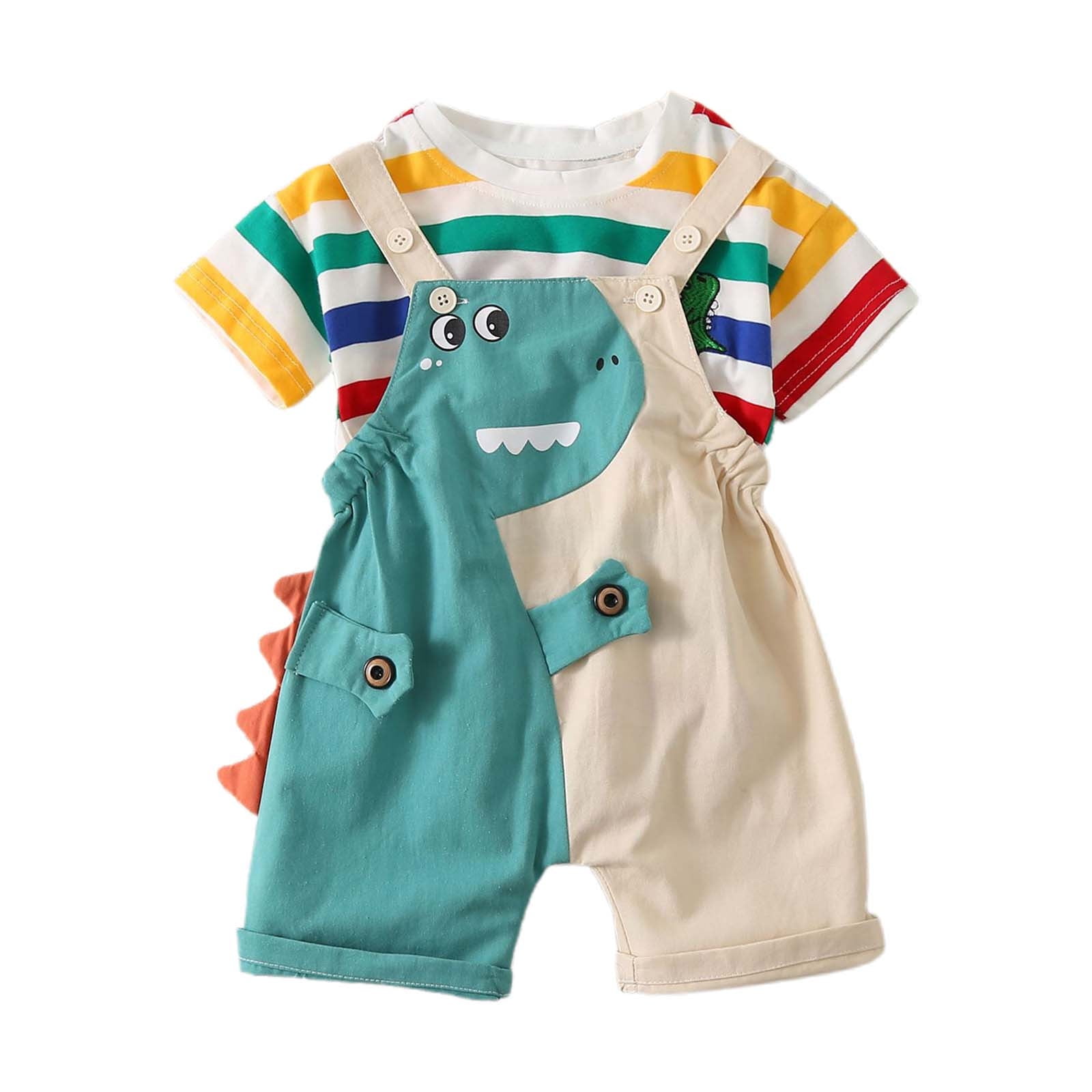 Hienoo Toddler Boys Summer Outfits Striped T-Shirt & Cartoon Dinosaur Overalls, Sizes 2-3T ...