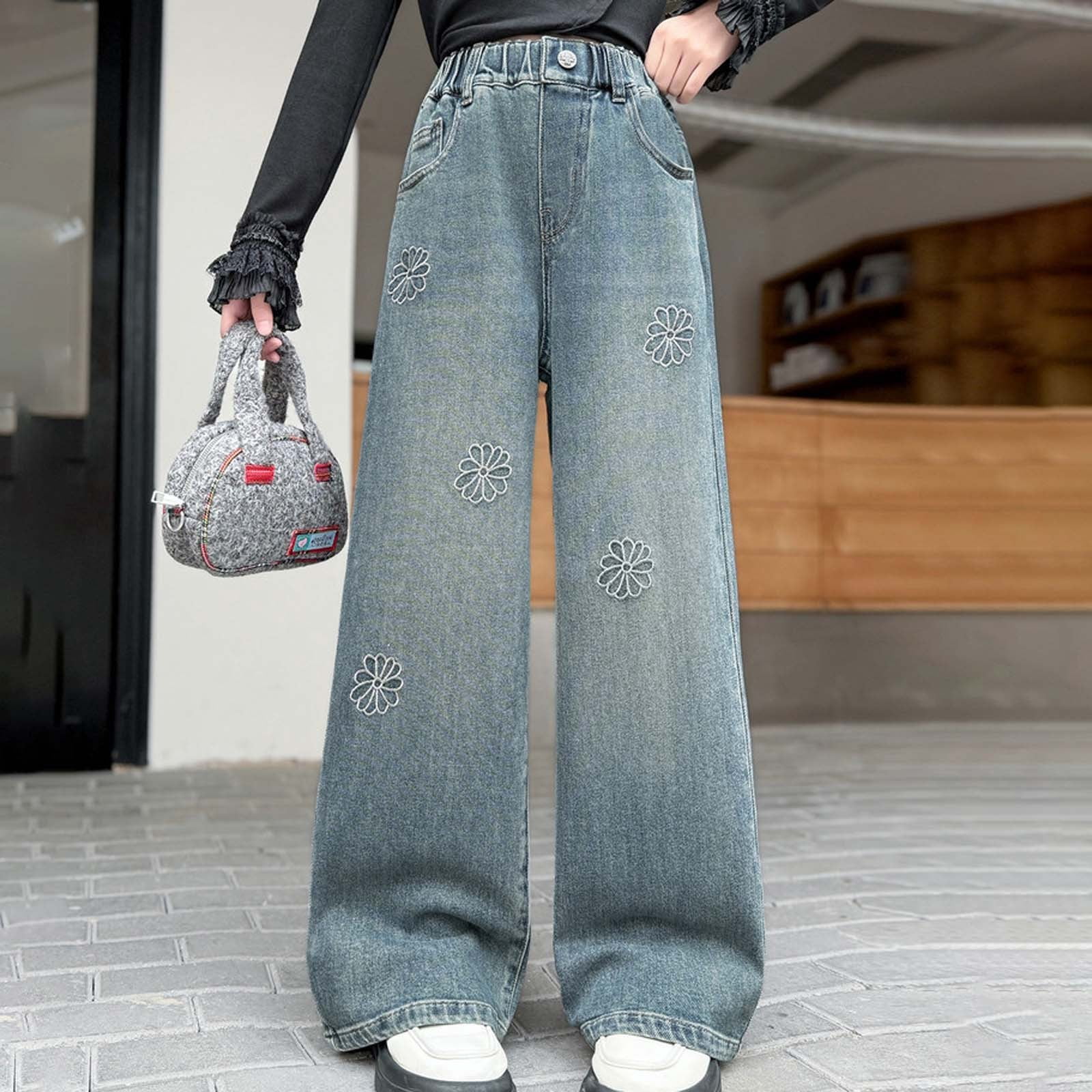 Hifoo Child Girls Embroidered Denim Pants Straight Leg Wide Casual ...