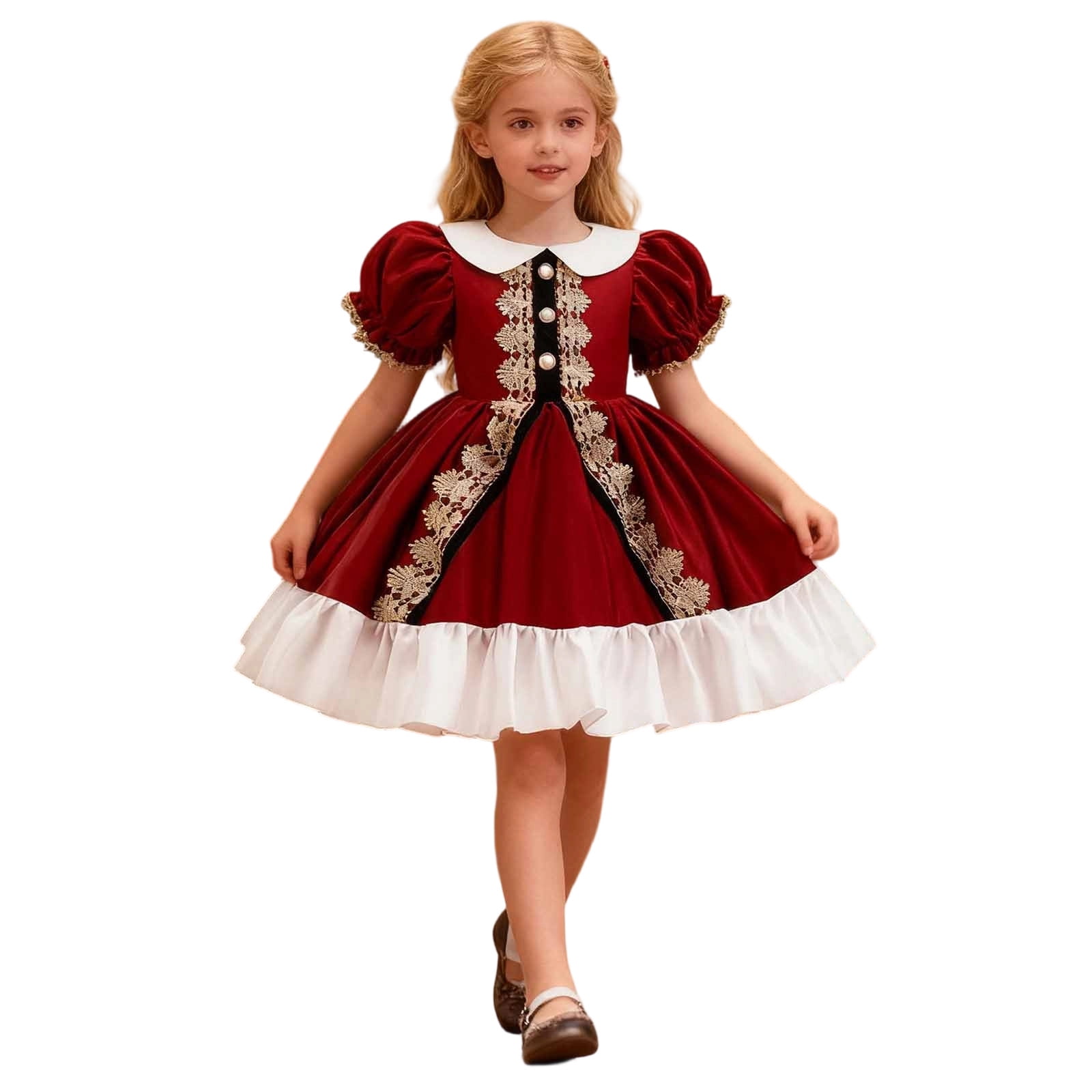 Hifoo Child Girls Short Sleeve Christmas Solid Color O-Neck Embroider ...