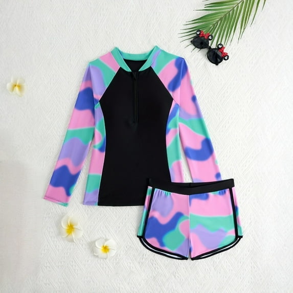 Hifoo Child Girls Swimwear Long Sleeve Rash Guard With Shorts Sun Swim ...