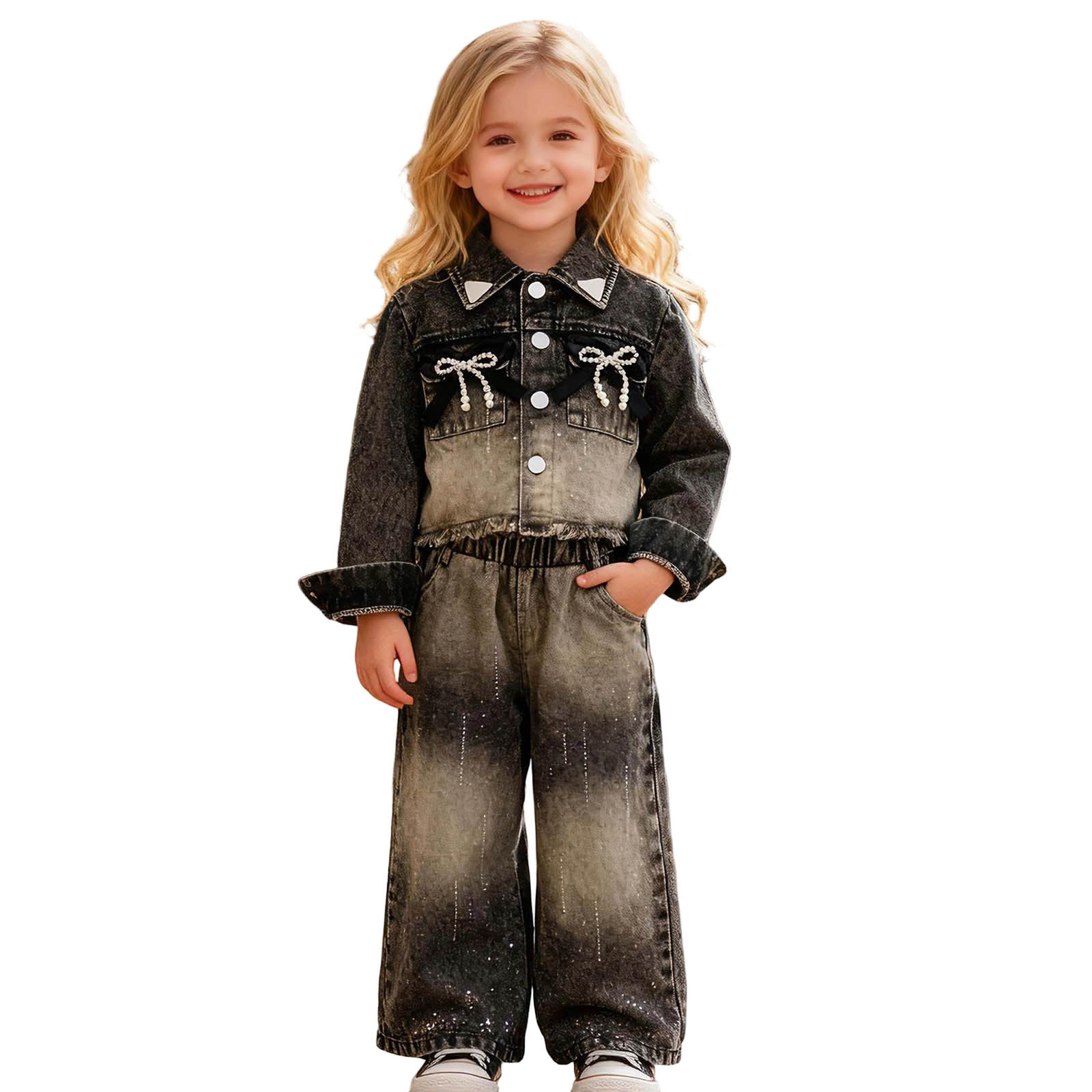 Hifoo Child Outfit Sets Denim Girls Two Piece Outfit With Bow Jacket ...