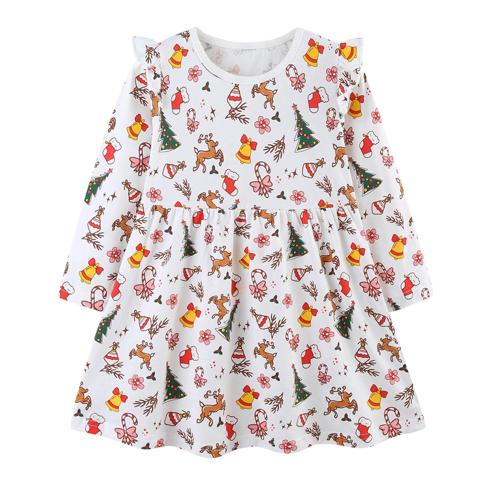 Hifoo Winter Girls Dress With Snowman Reindeer Print Flutter Sleeve ...