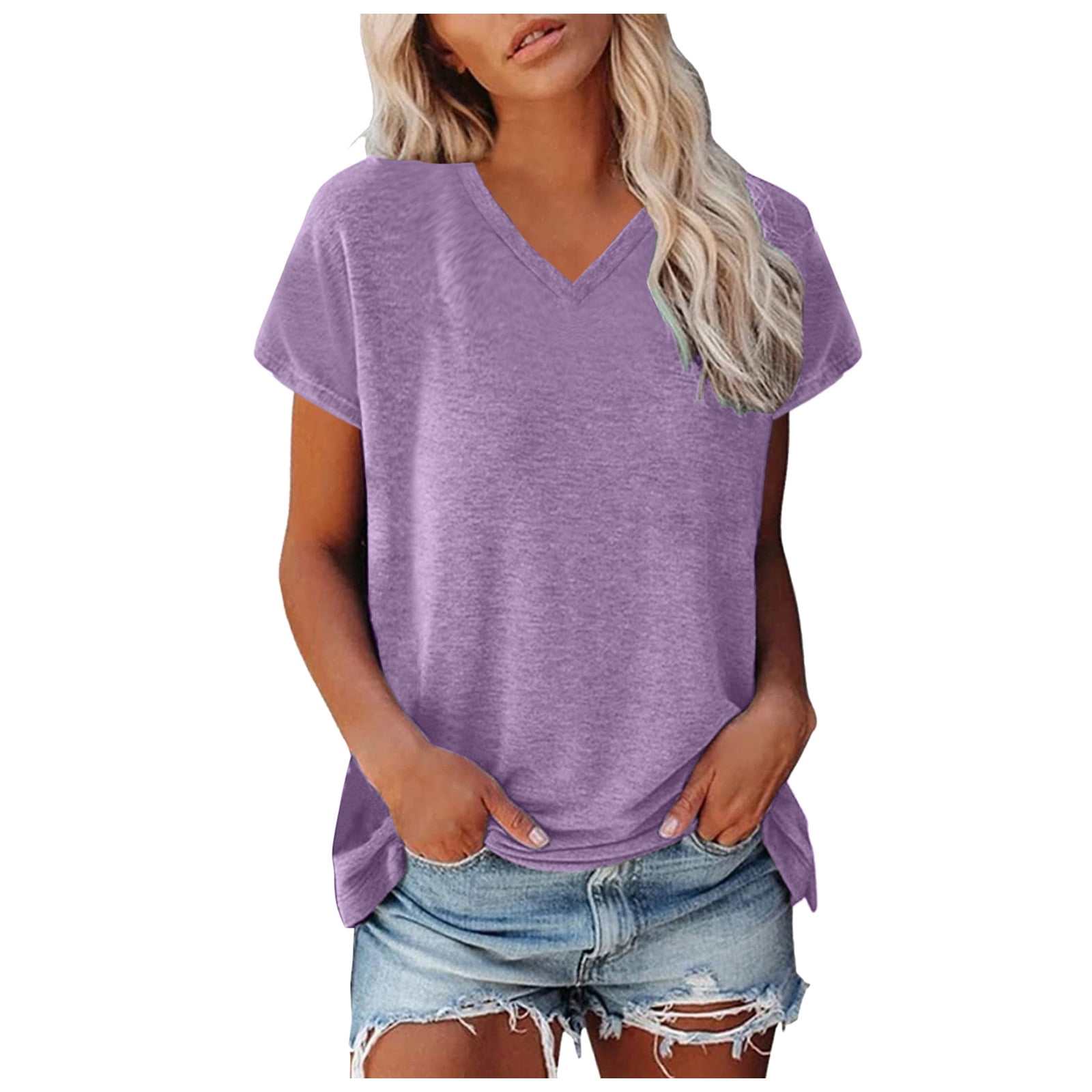 Hifoo Women Cap Sleeve Summer Casual Tops V Neck Solid Color Casual ...
