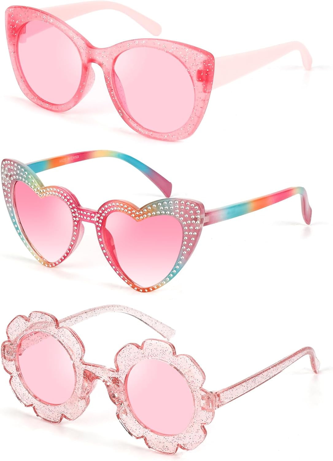 Hifot 3pcs Kids Sunglasses Girls, Cute Pink Flower Sunglasses Kids ...