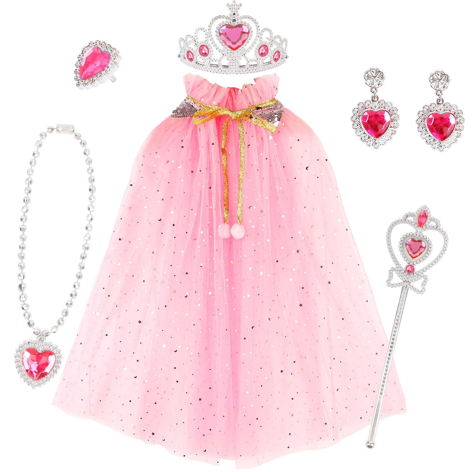 Princess Dress Up for Little Girls, Pink Princess Cape with Crown 7 Pcs Dress Up Toys Gift Set ...