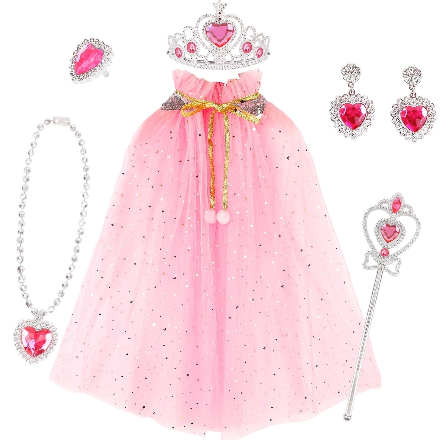 Princess Dress Up for Little Girls, Pink Princess Cape with Crown 7 Pcs ...