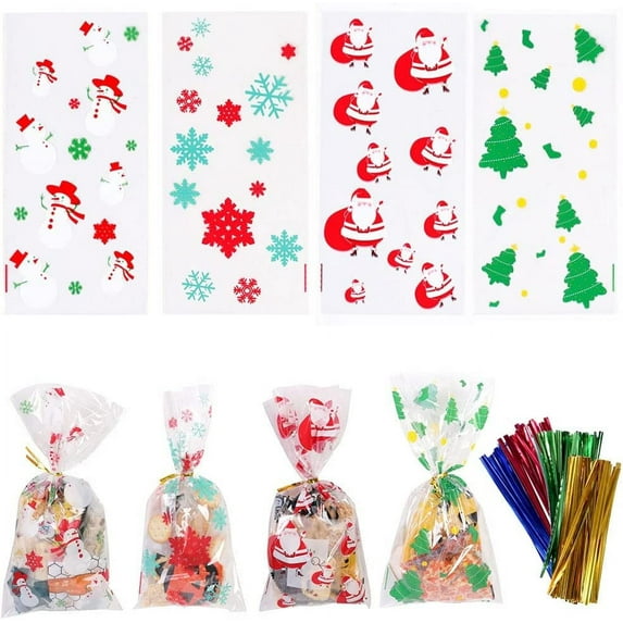 Hifunwu 120 Pack Christmas Cellophane Bags with Twist Ties for Cookie ...